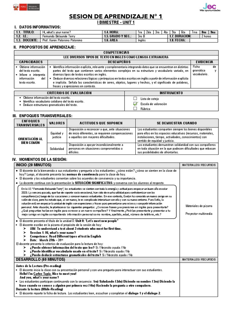 Sesion de Aprendizaje N°1 | PDF | Aprendizaje | Evaluación