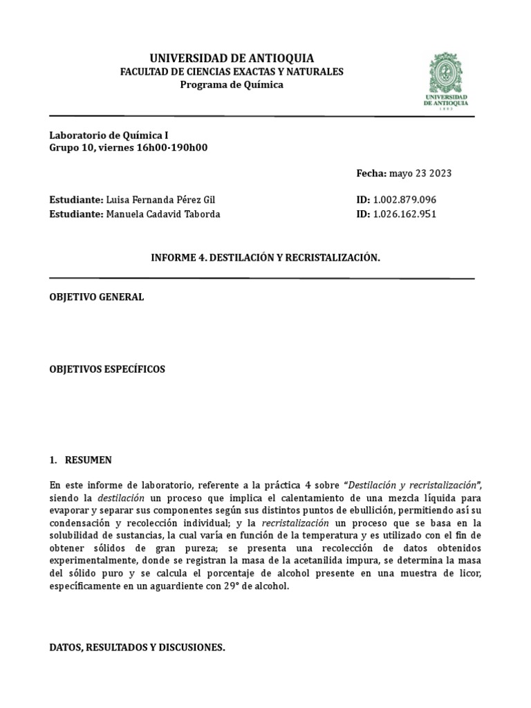 Informe de Laboratorio - P4. Destilación y Recristalización | PDF | Destilación | Cristalización