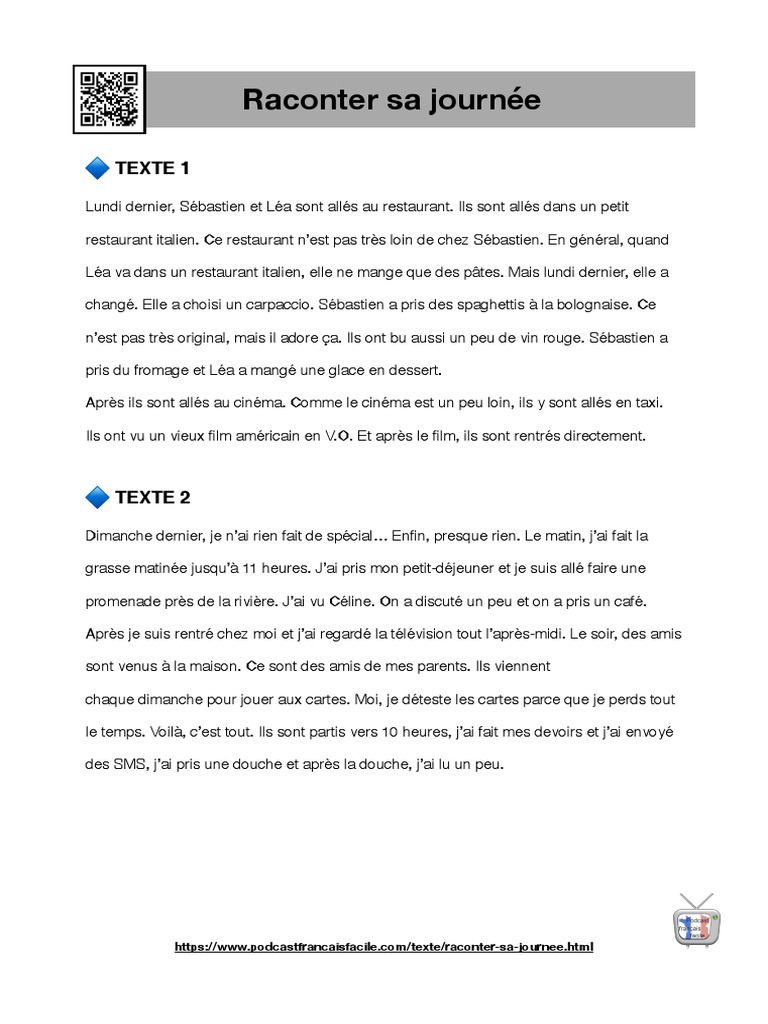 Raconter Sa Journee Texte Fle Francais Facile Passe Compose | PDF