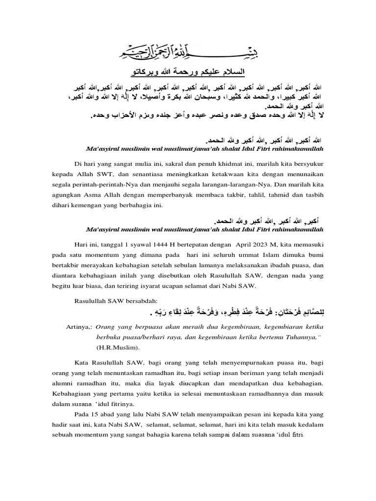 Khutbah Idul Fitri Muchlis 1444H | PDF