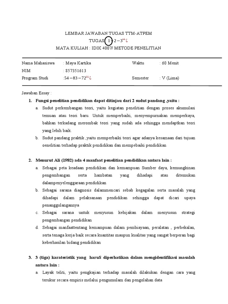 Lembar Jawaban TTM 1 - Metode Penelitian - Maya Kartika - 857351613 | PDF | Karier ...