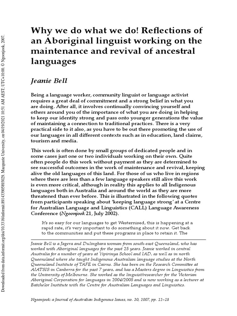 Why We Do What We Do! Reflections of An Aboriginal Linguist Working On The Maintenance and ...
