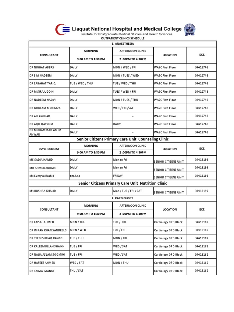 OPD Schedule Oct - Nov 22 | PDF | Medicine | Medical Specialties