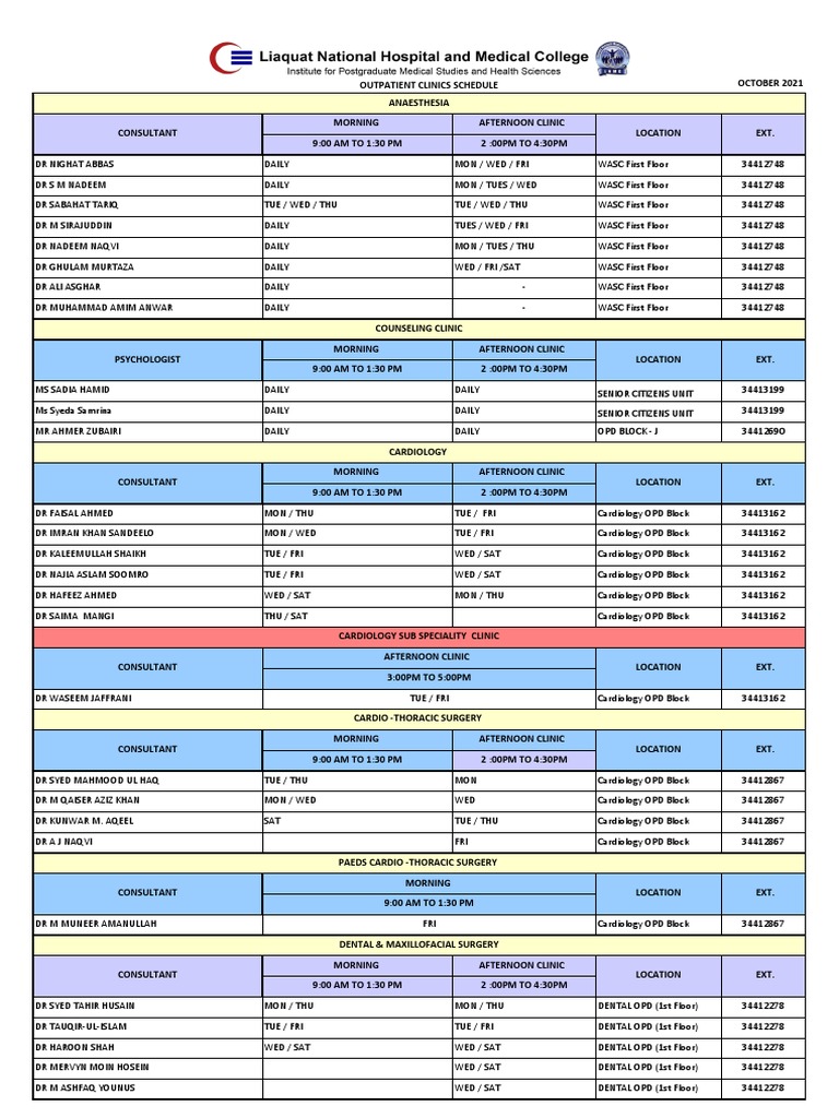OPD Schedule (October 2021) | PDF | Medicine | Clinical Medicine
