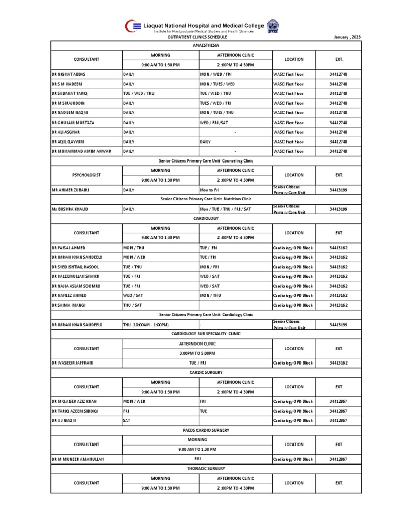Liaquat National Hospital OPD Timings | PDF | Health Care | Medicine