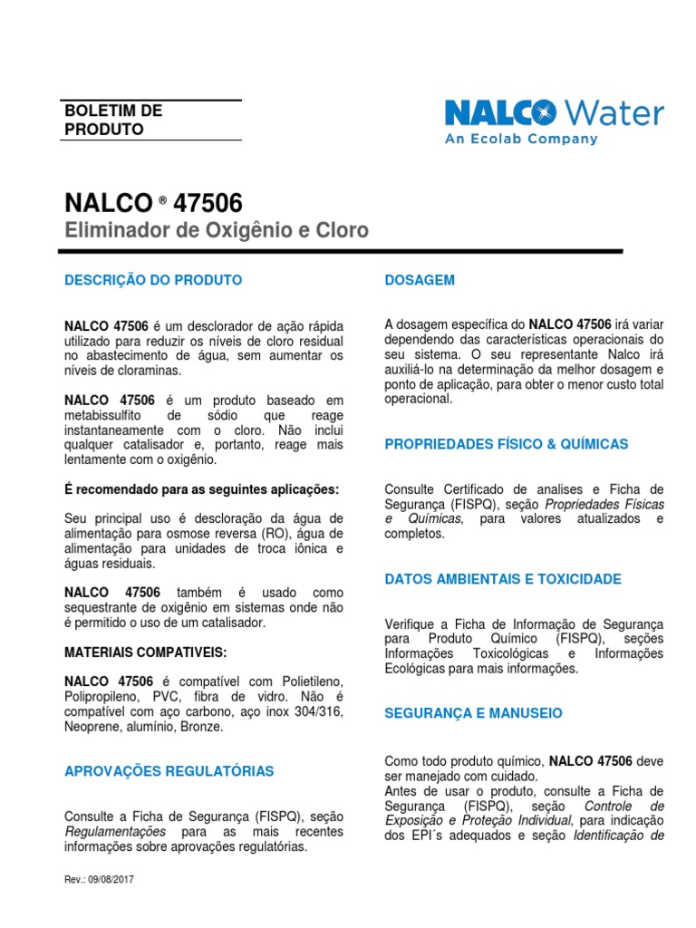BT Nalco ® 47506 | PDF | Química | Cloro