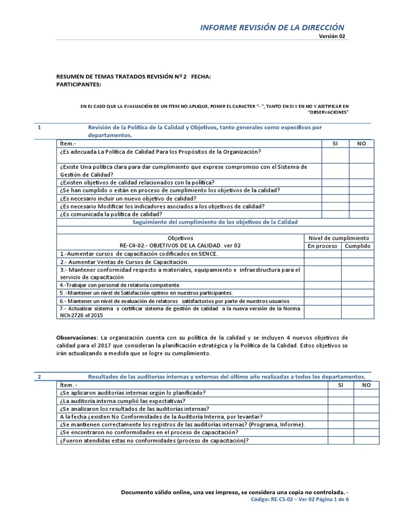 RE-C5-02 INFORME REVISIÓN DE LA DIRECCIÓN. Ver 02-2017 | PDF | Calidad ...