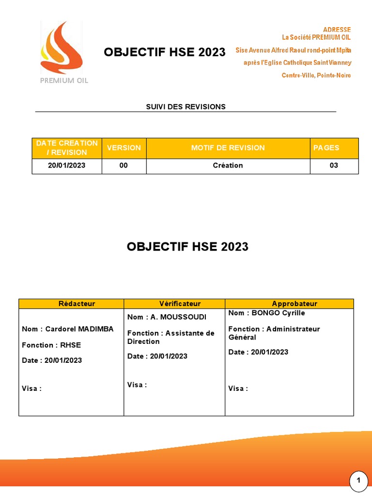 Objectifs HSE 2023 de PREMIUM OIL | PDF | Affaires | Technologie et ...