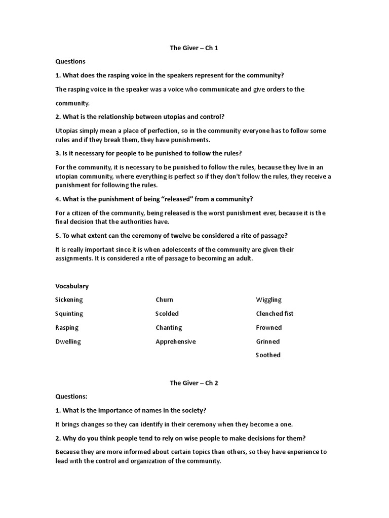 The Giver Chapter 1-5 Study Guide | PDF | Behavioural Sciences | Psychology