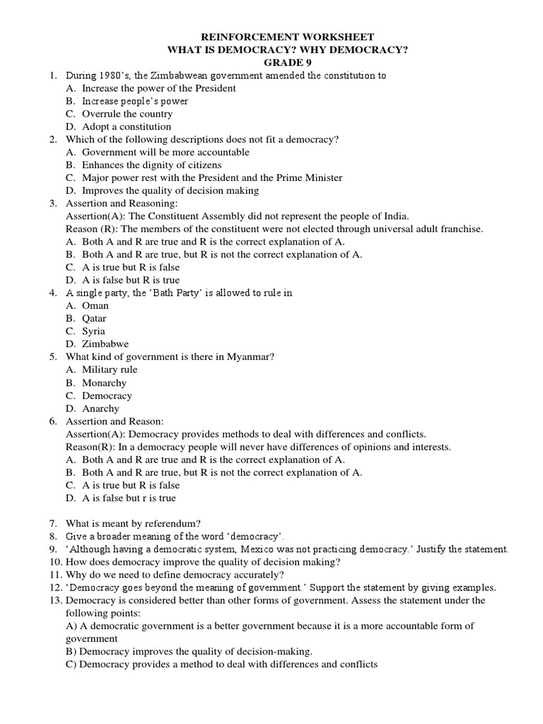 Reinforcement Worksheet - What Is Democracy Why Democracy | PDF ...