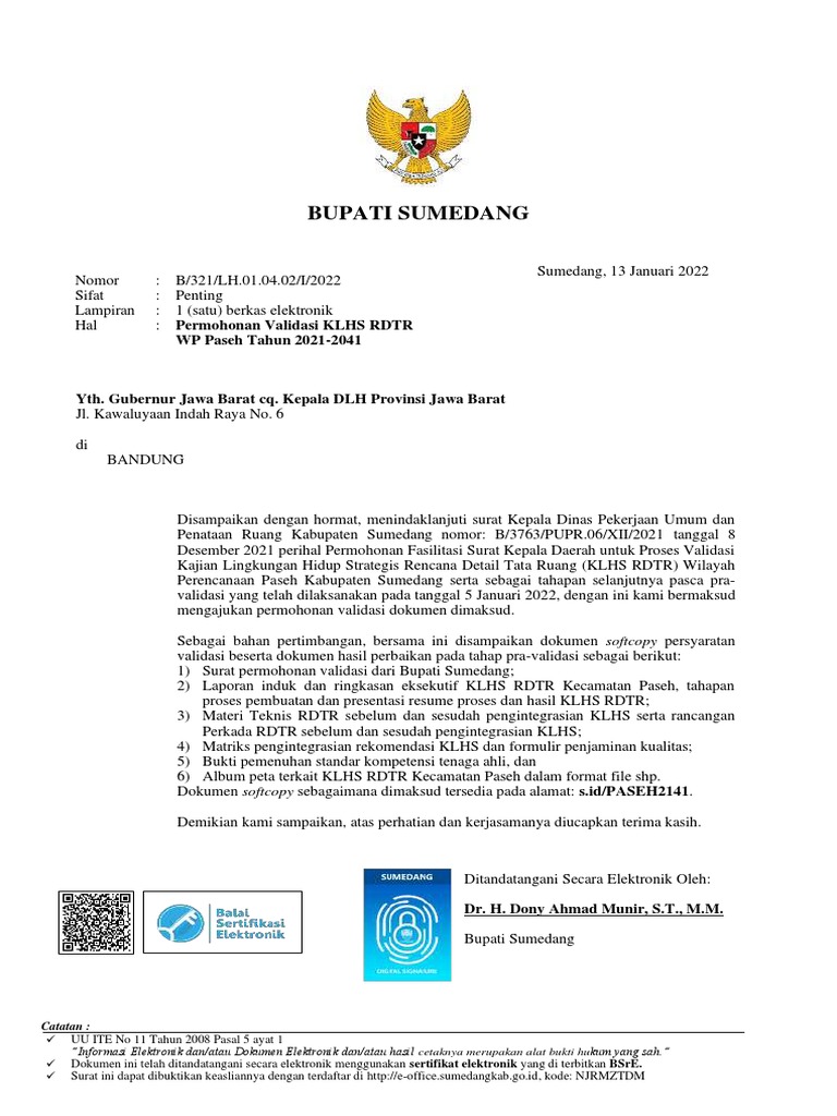 Permohonan Validasi KLHS RDTR Paseh | PDF