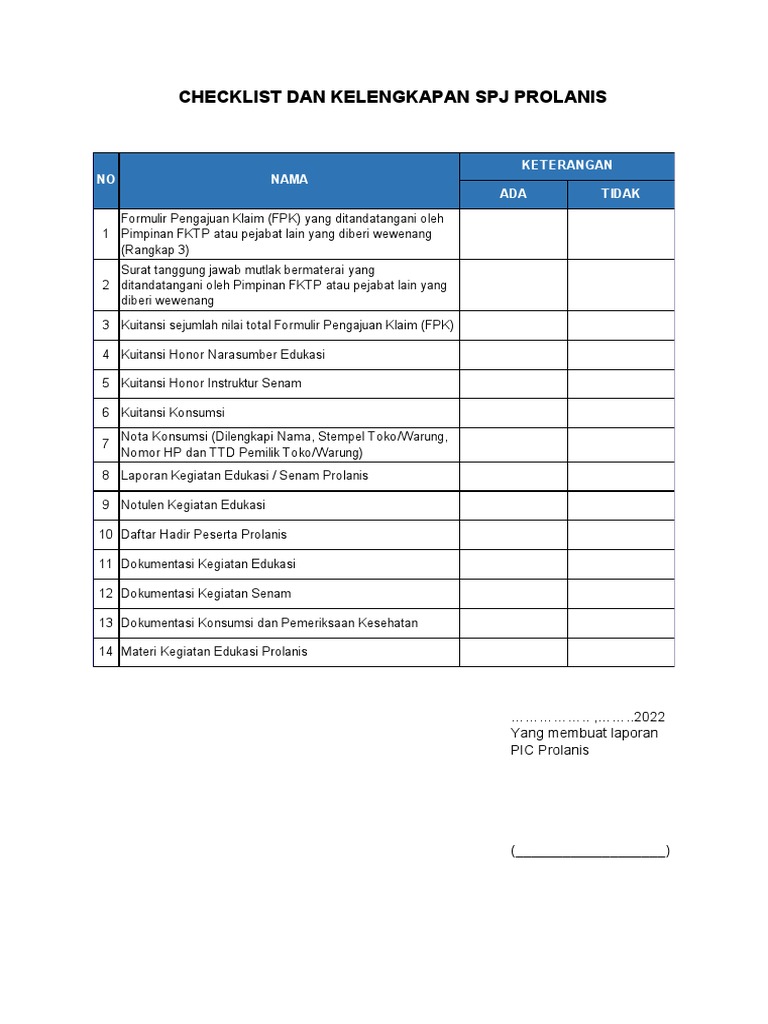 Checklist SPJ Kegiatan Prolanis | PDF | Bisnis