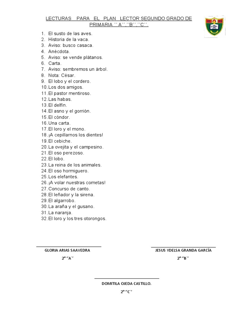 Lecturas para El Plan Lector Segundo Grado de Primaria | PDF