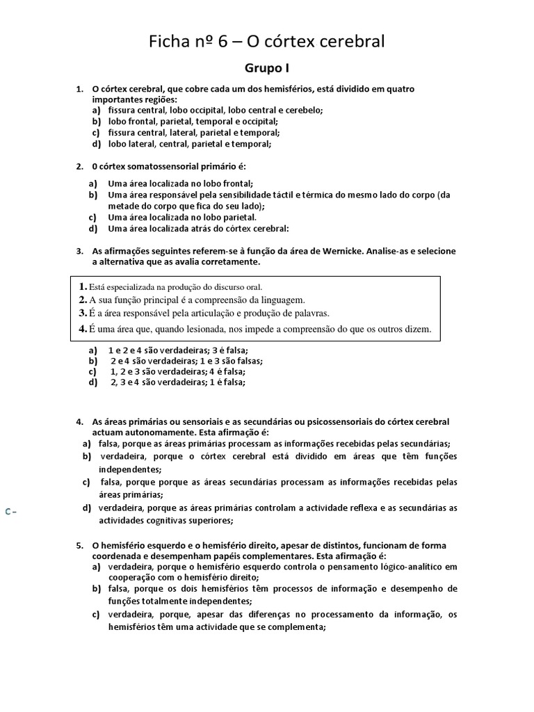 Ficha - O Córtex Cerebral | PDF | Cérebro | Cérebro humano