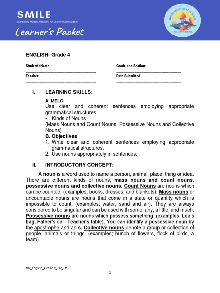 Grade 4 English Nouns Lesson Plan | PDF | Noun | English Language