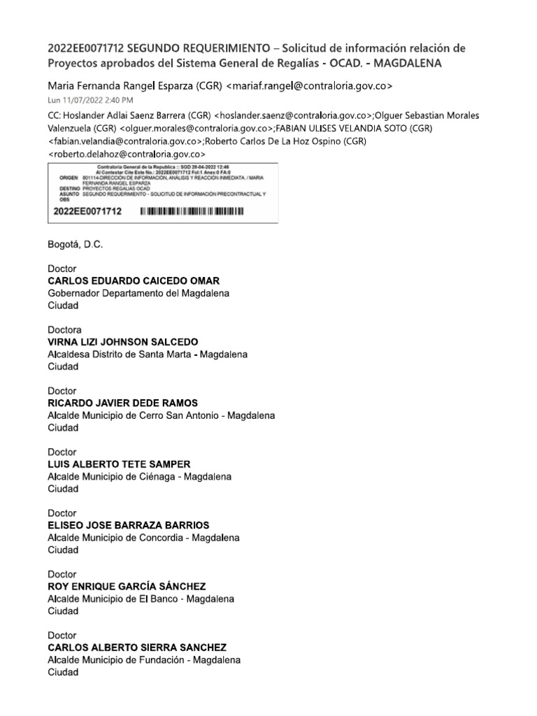 2022EE0071712 RQ2 Proyectos Aprobados SGR OCAD MAGDALENA | PDF