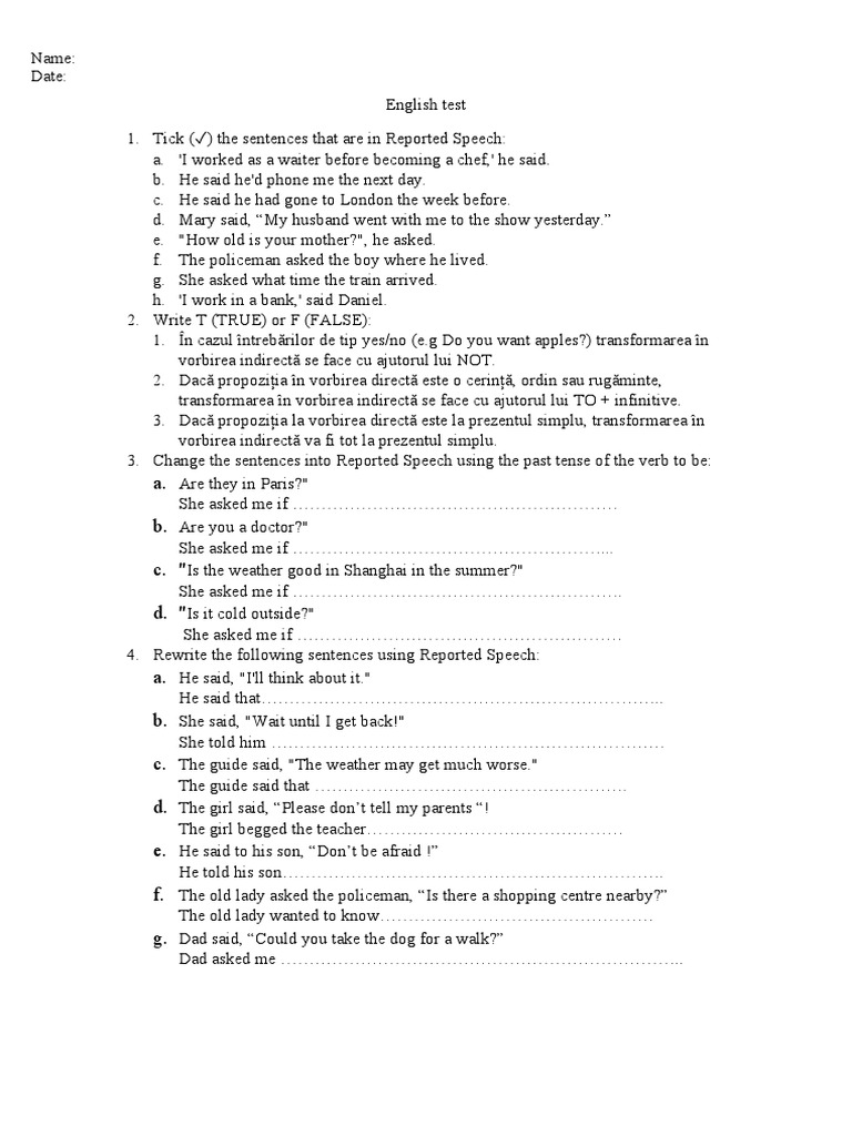 Reported Speech English Test Exercise | PDF