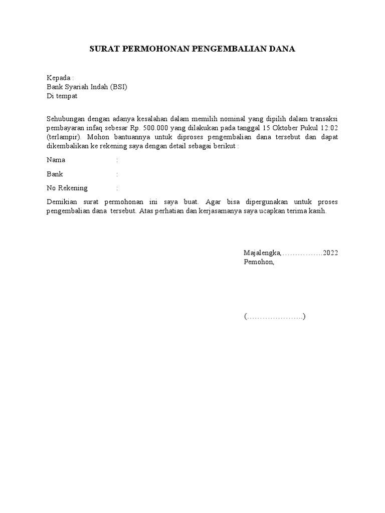 Surat Permohonan Pengembalian Dana | PDF