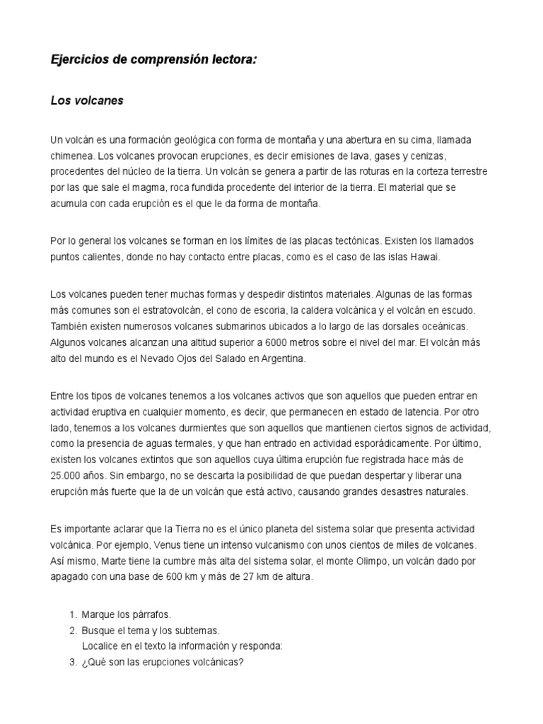 Actividad de Comprensión Lectora | PDF | Volcán | Tipos de erupciones ...