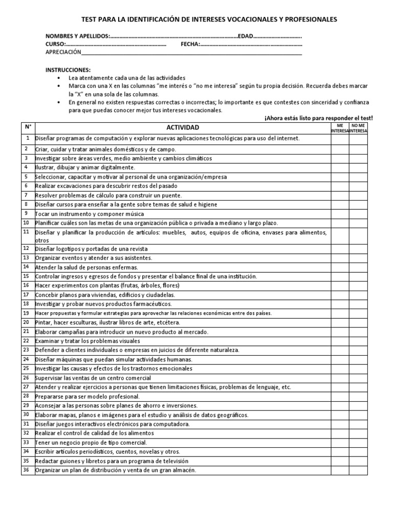 Test Para La Identificación de Intereses Vocacionales y Profesionales ...