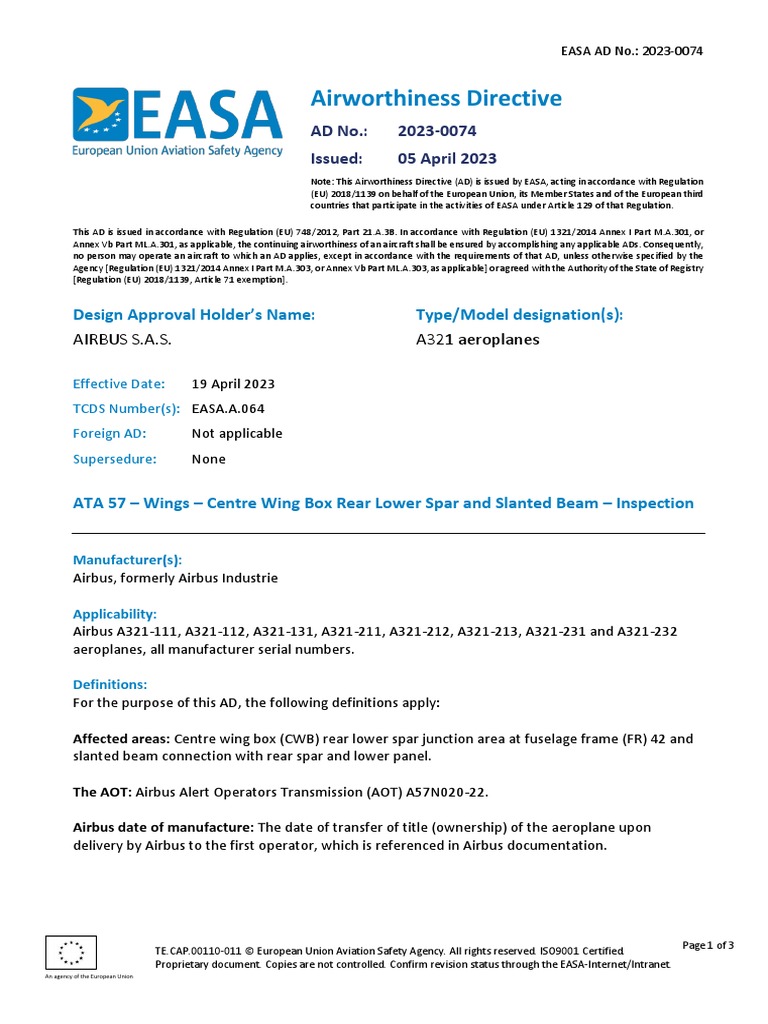 Easa Ad 2023-0074 1 | PDF | Aviation | Transport