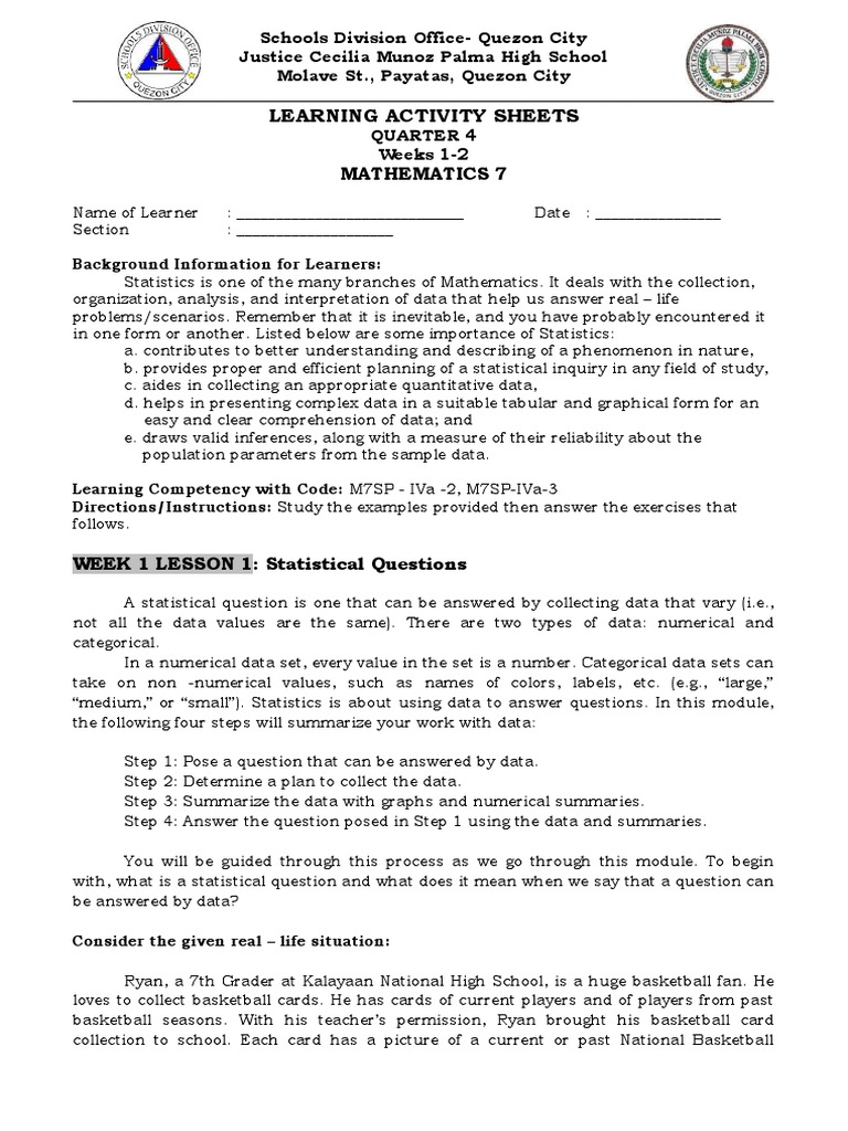 Math7 Las Q4 W1-2 | PDF | Survey Methodology | Sampling (Statistics)