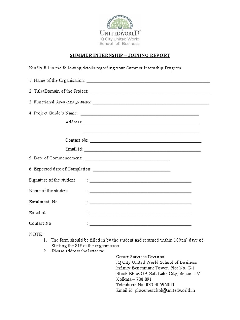 SIP - Joining Report Form - IQ City UWSB | PDF