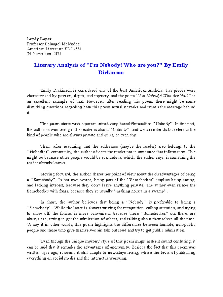 _Analysis of _I'm Nobody! Who are you__ By Emily Dickinson | PDF