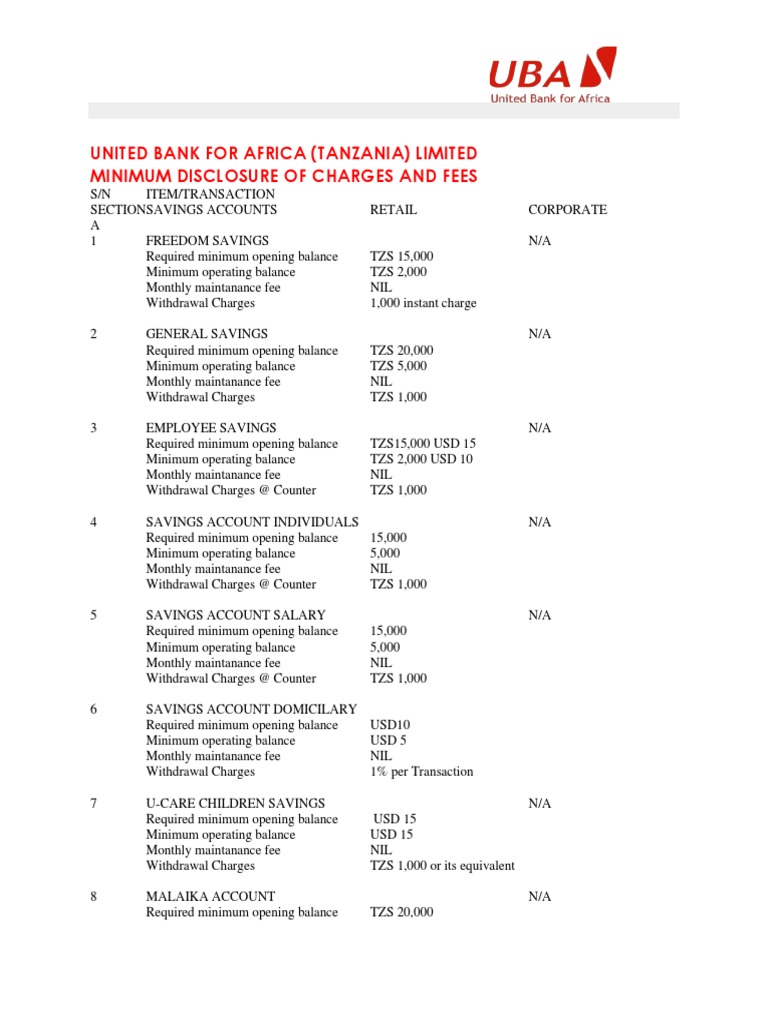 UBA Tarrifs and Fees | PDF | Transaction Account | Automated Teller Machine