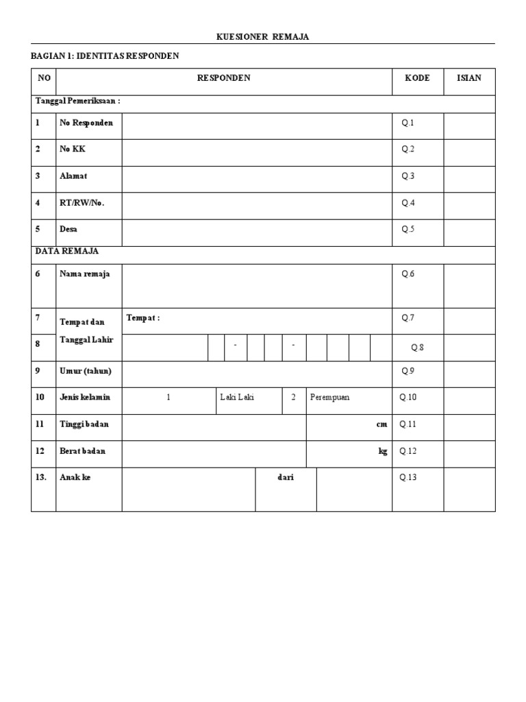FORM KUESIONER REMAJA | PDF