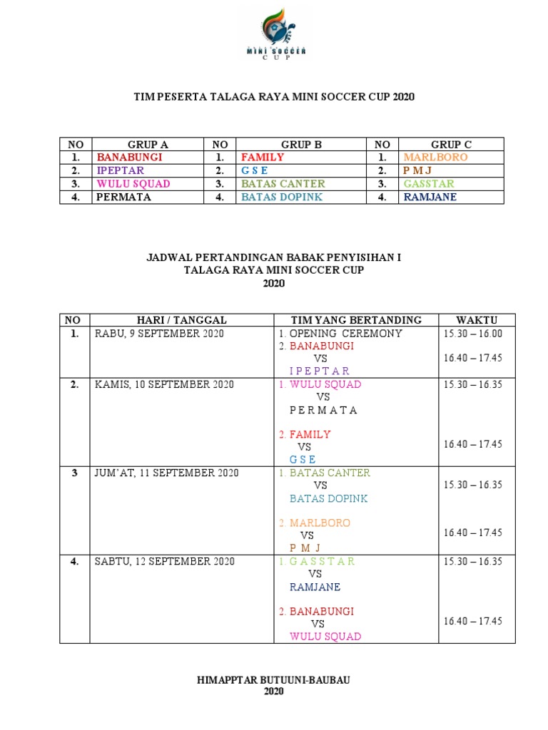 JADWAL TALAGA RAYA MINI SOCCER CUP 2020 TERBARU | PDF