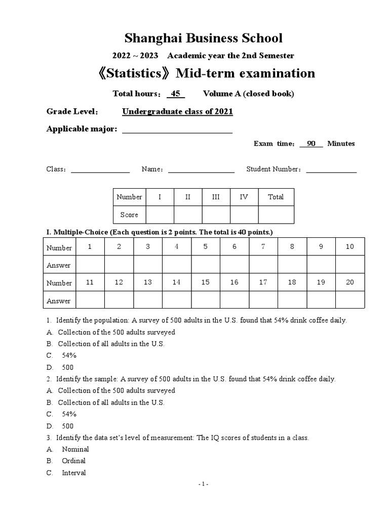 2022-2023-2 Statistics Midterm Examination - 0 | PDF | Career & Growth