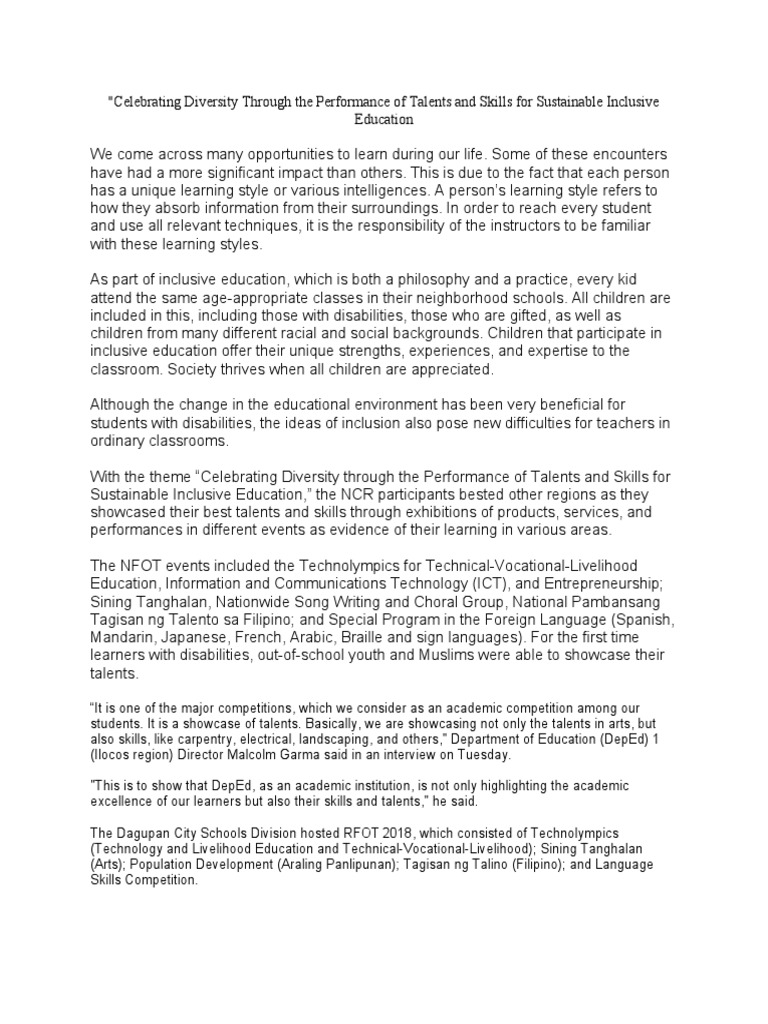 Celebrating Diversity Through The Performance of Talents and Skills For Sustainable Inclusive ...