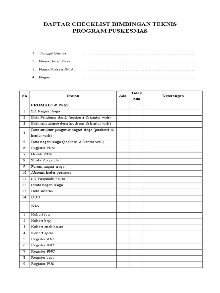 DAFTAR CHECKLIST BIMBINGAN TEKNIS PROGRAM PUSKESMAS | PDF