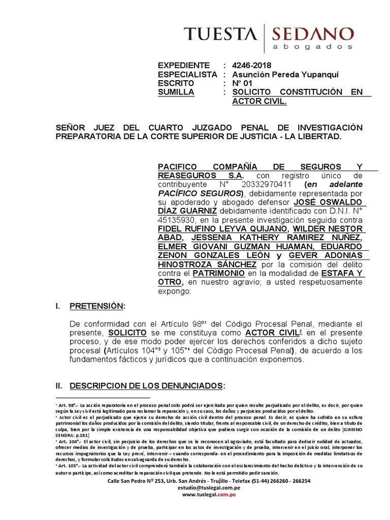 Modelo de Constitución en Actor Civil | PDF | Causalidad (Ley) | Justicia