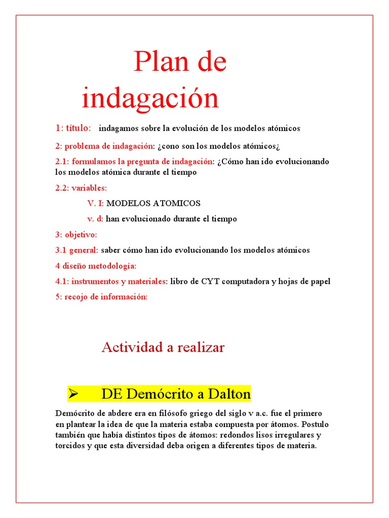 Plan de Indagación | PDF | Núcleo atómico | Átomos