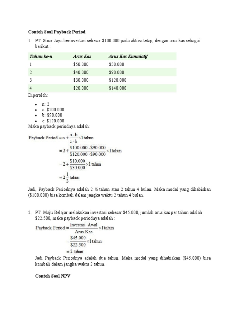 Contoh Soal Payback, NVP | PDF