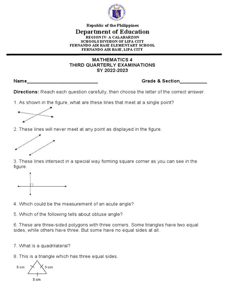 Grade 4 Math Exam | PDF | Rectangle | Triangle