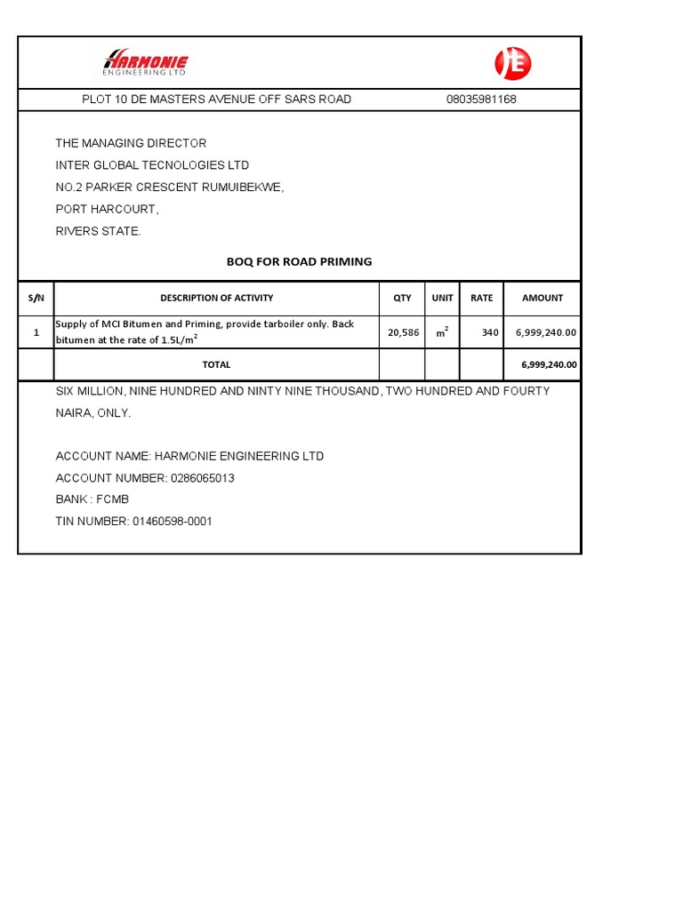 Boq For Road Priming | PDF