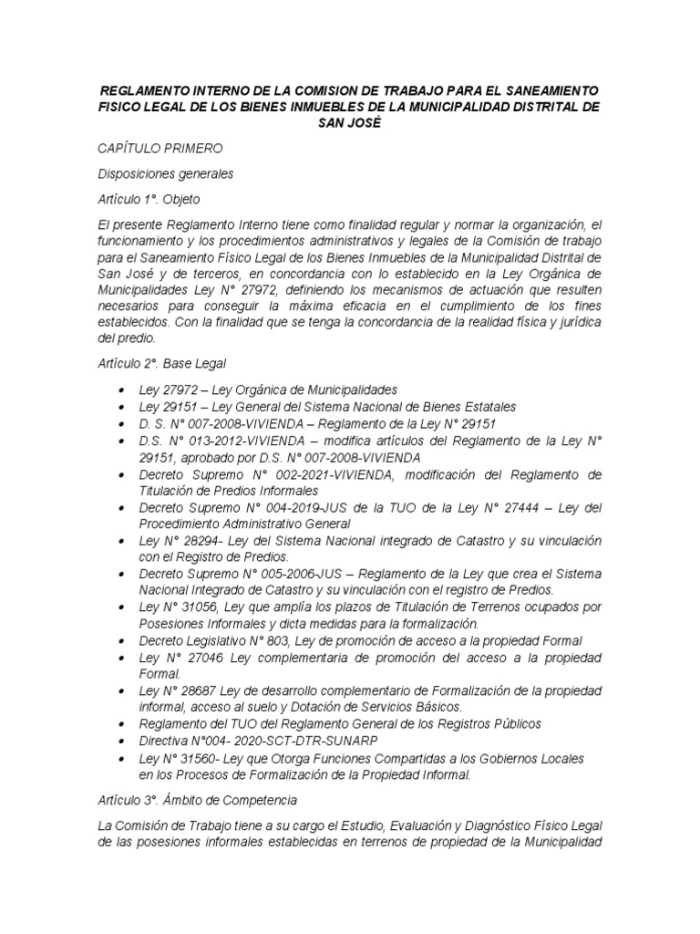 Reglamento Interno de La Comision de Trabajo para El Saneamiento Fisico Legal de Los Bienes ...