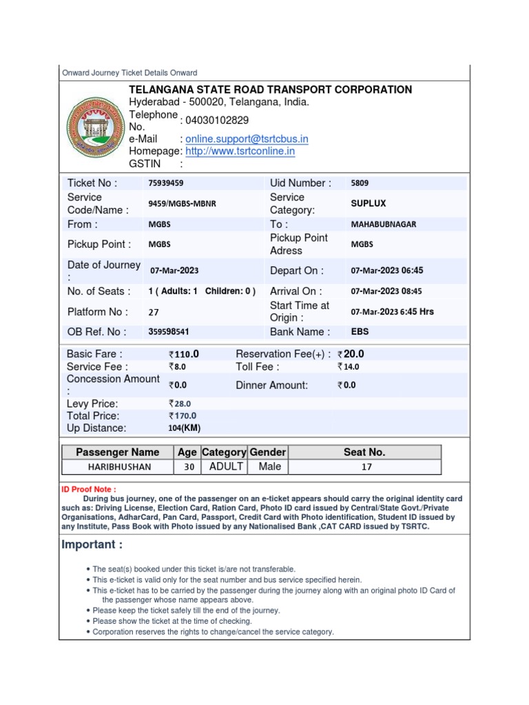 TSRTC - Mgbs To Mahabubnagar | PDF | Identity Document | Ticket (Admission)