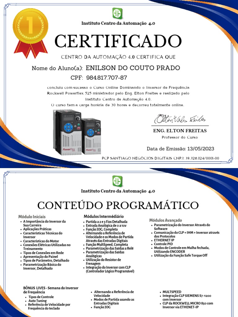Certificado Curso Completo Inversor Rockwell PF 525 | PDF
