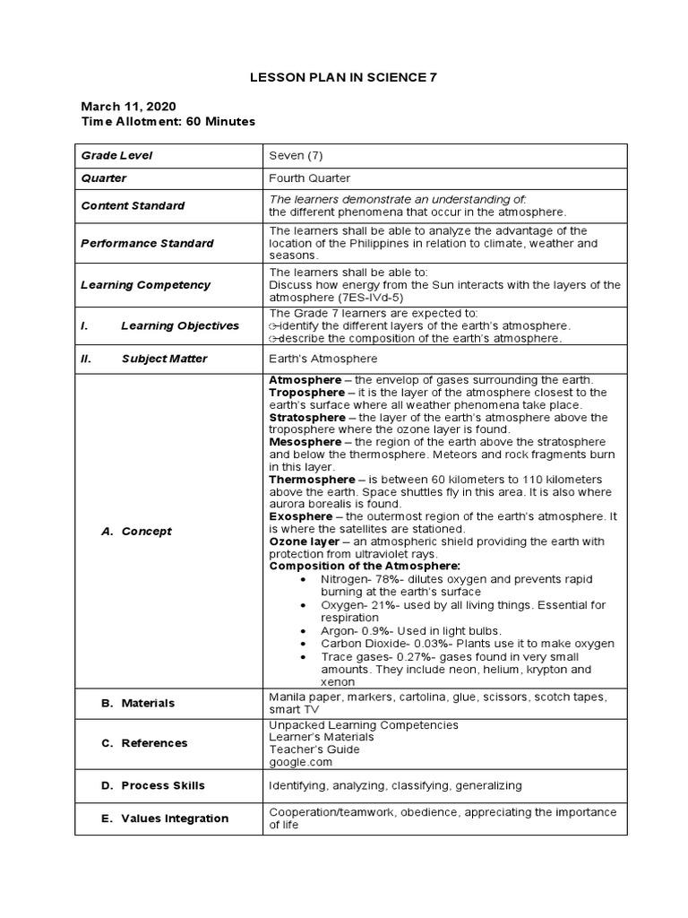 Grade 7 Science Lesson: Earth's Atmosphere | PDF | Atmosphere Of Earth ...