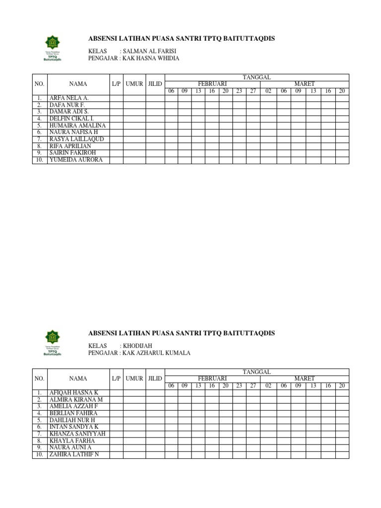 Absensi Latihan Puasa Santri TPTQ Baituttaqdis | PDF