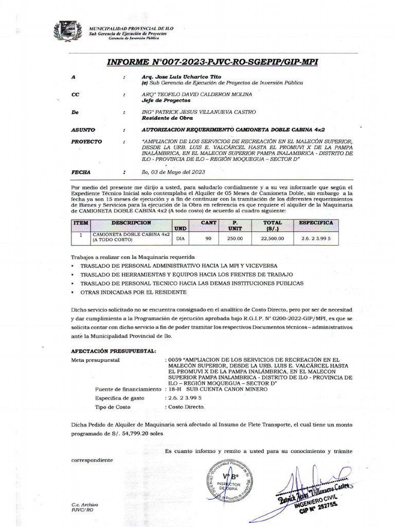 Informe Req. Camioneta | PDF