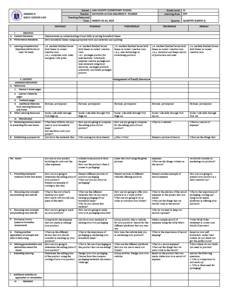 DLL Epp6 Week 5 Quarter 3 | PDF | Prices | Teachers