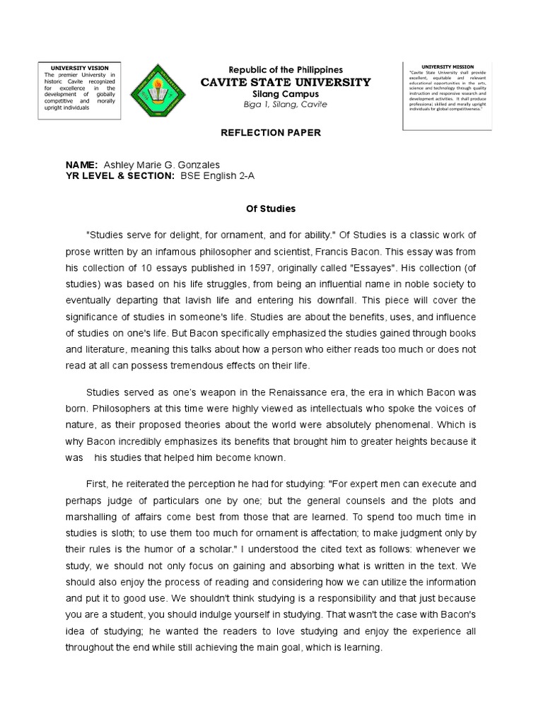 Of Studies Reflection Paper | PDF | Francis Bacon | Choice