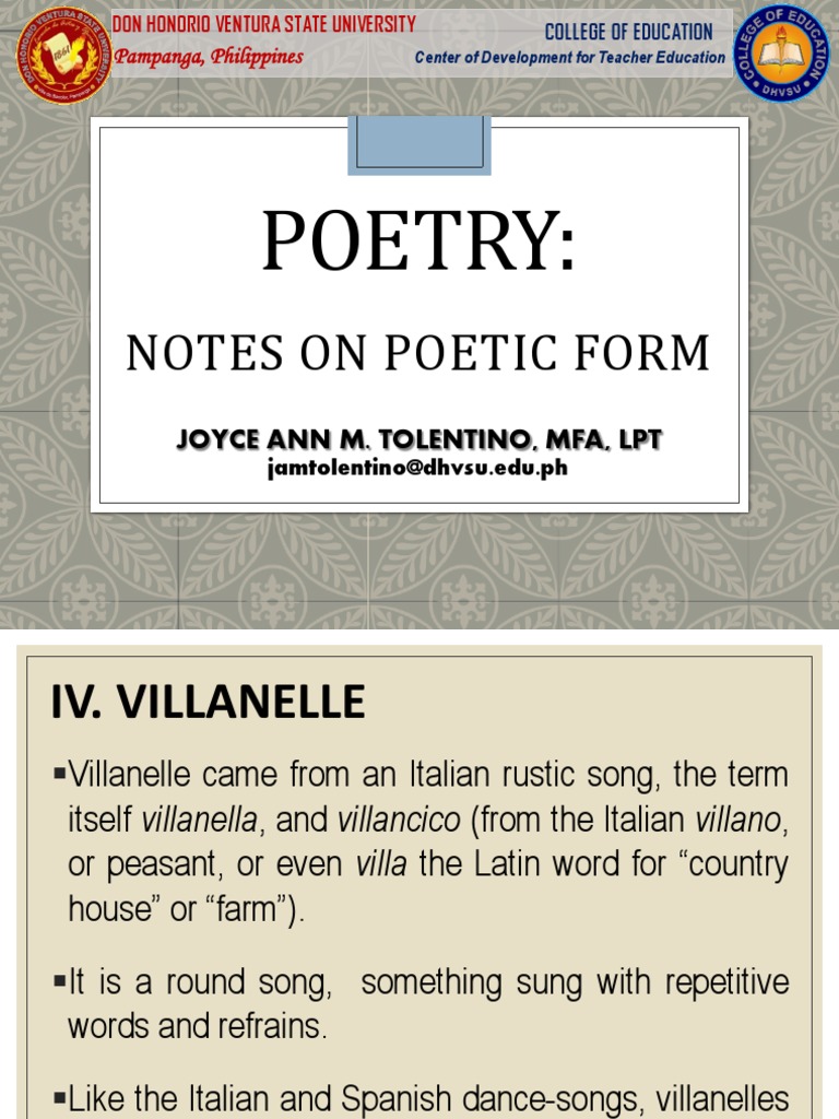 Lecture 5 POETRY FORMS Lecture 2023 Villanelle To Ekphrasis | PDF