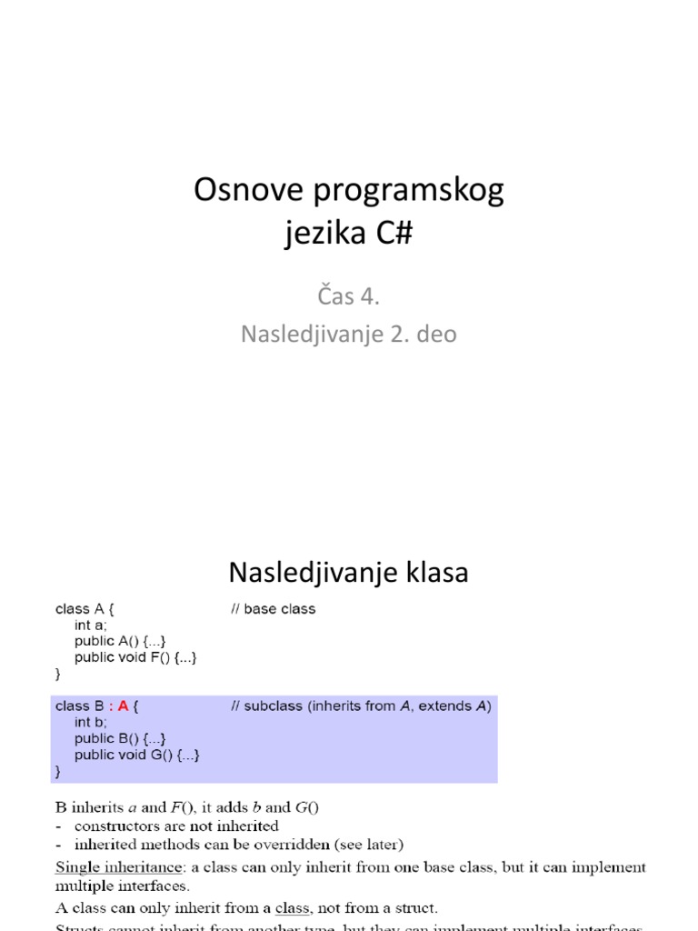 Osnove Programskog Jezika C#: Čas 4. Nasledjivanje 2. Deo | PDF