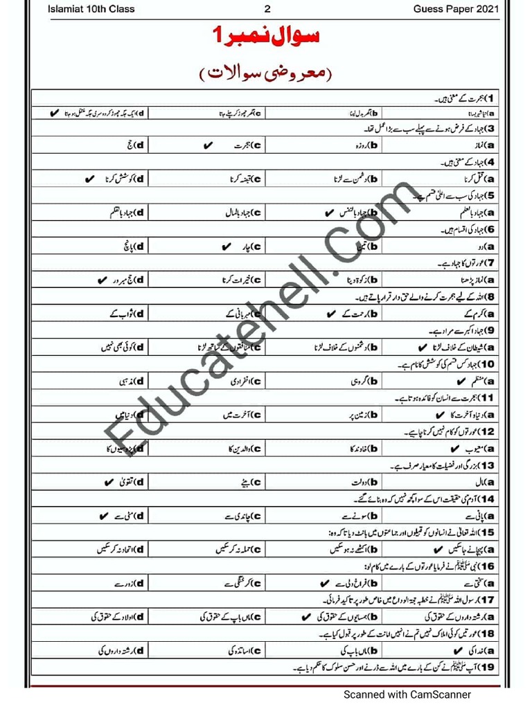 10th Class Islamiat MCQs With Answer and Short and Long 2021 | PDF